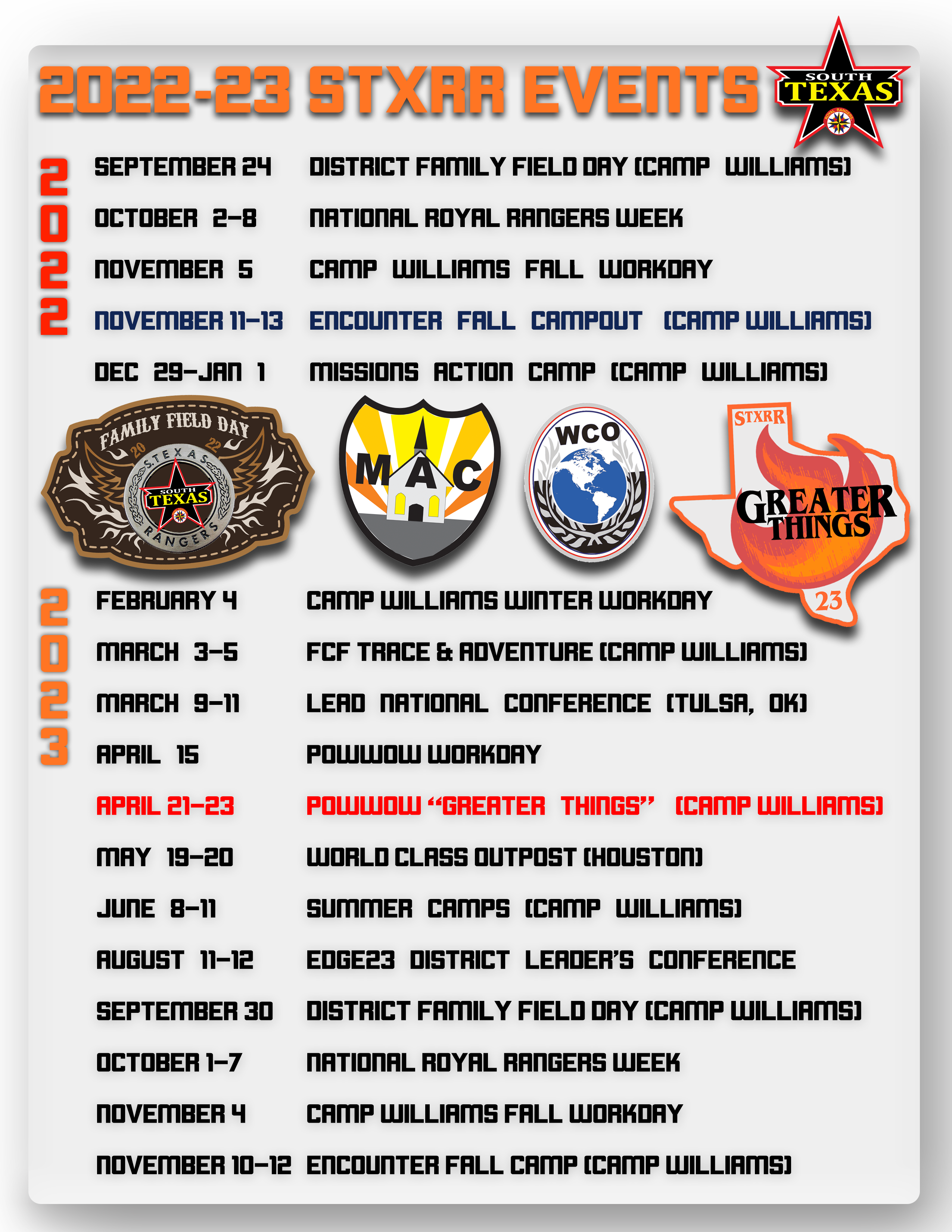 CALENDAR – South Texas Royal Rangers